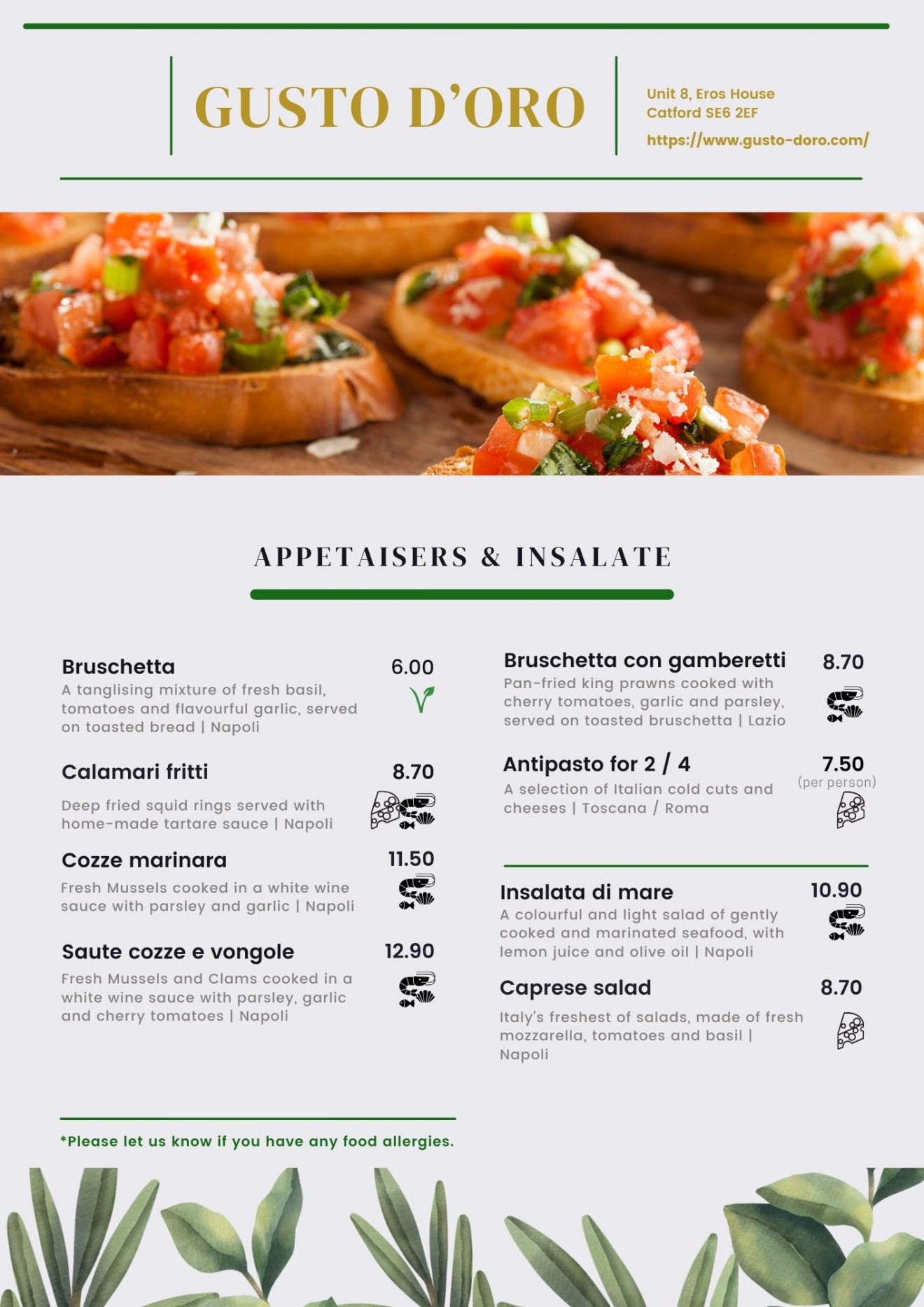 Our MENU – Gusto d'Oro